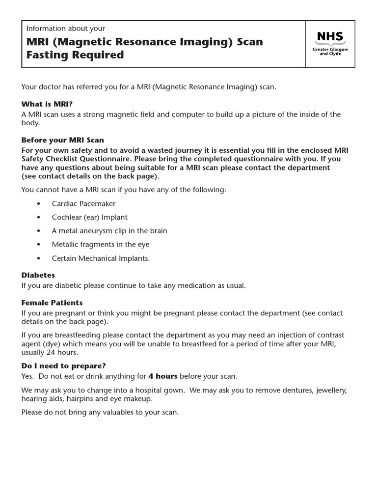 Mri Magnetic Resonance Imaging Scan Fasting Required Info Sheet Nov 16 ...