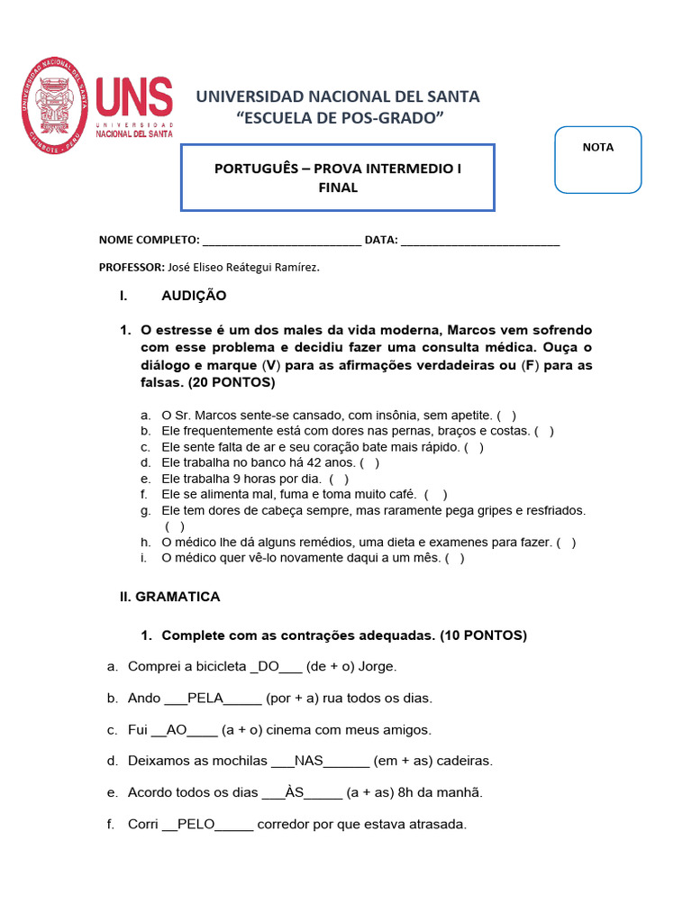 Prova de Português: Audição e Gramática | PDF