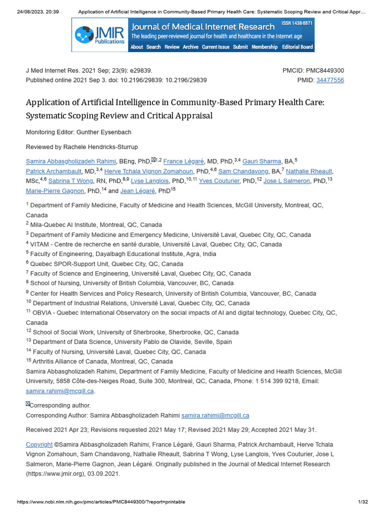 Application of Artificial Intelligence in Community-Based Primary Health Care - Systematic ...