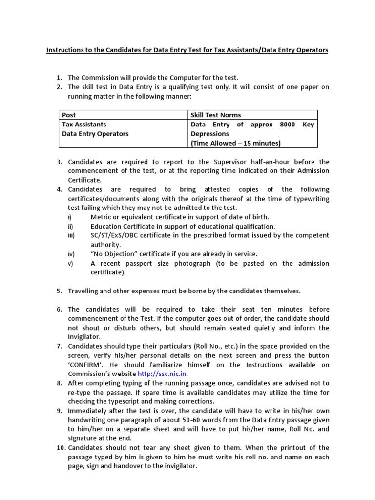 Data Entry Test Instructions Candidates Tax Assistants Data Entry ...