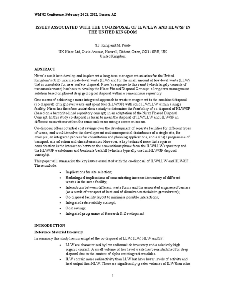 Issues Associated With The Co Disposal of ILW LLW and HLW SF in The UK ...