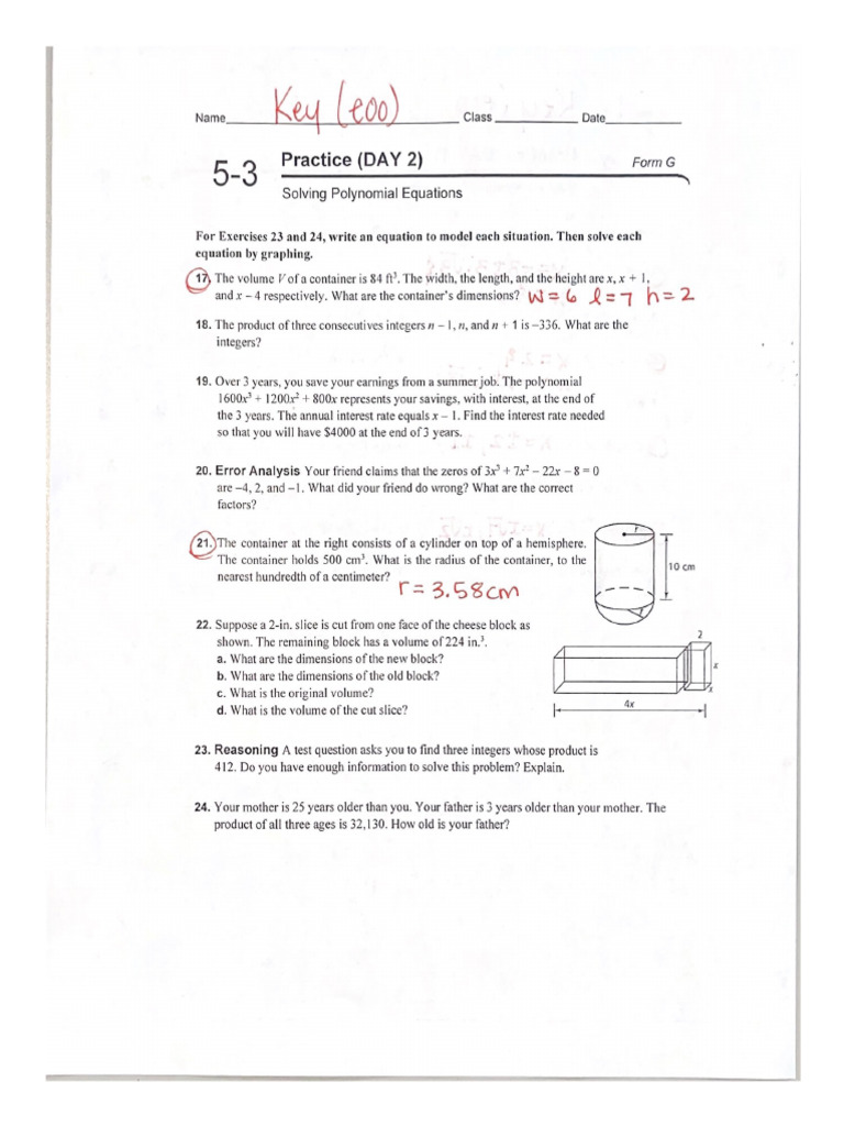 5-3 Practice Form G Day 2 KEY (EOO) 2022 | PDF