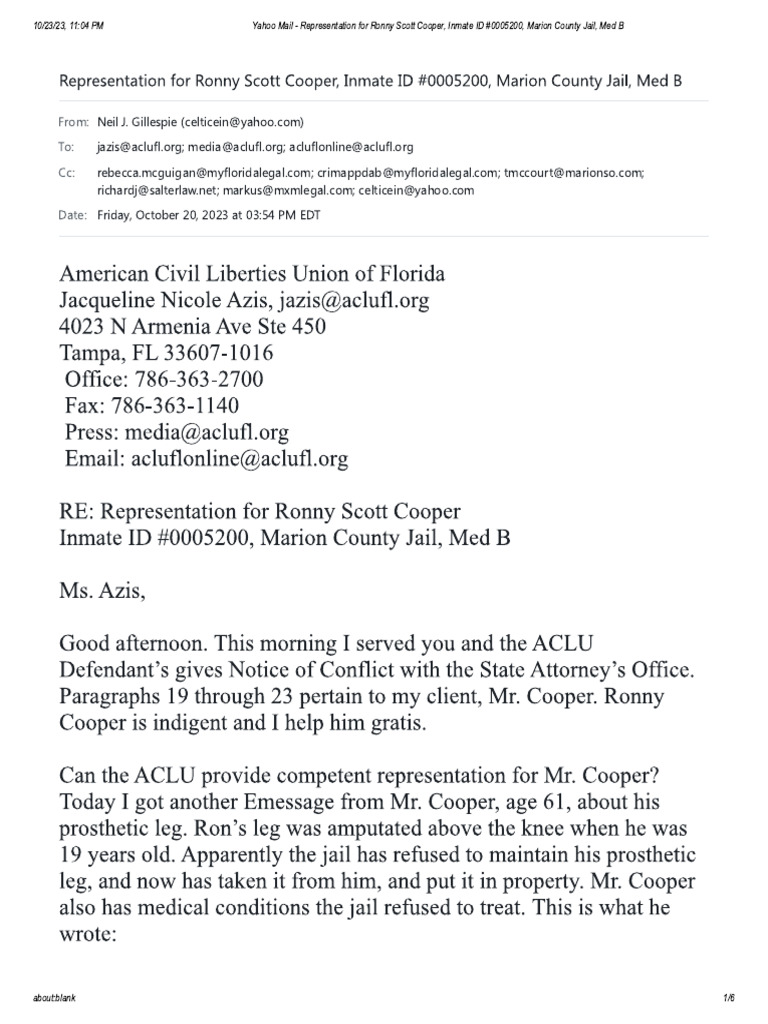 Email To ACLU Please Represent Ronny Scott Cooper | PDF