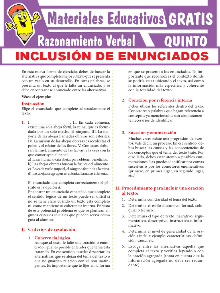 Inclusión de Enunciados para Quinto Grado de Secundaria | PDF