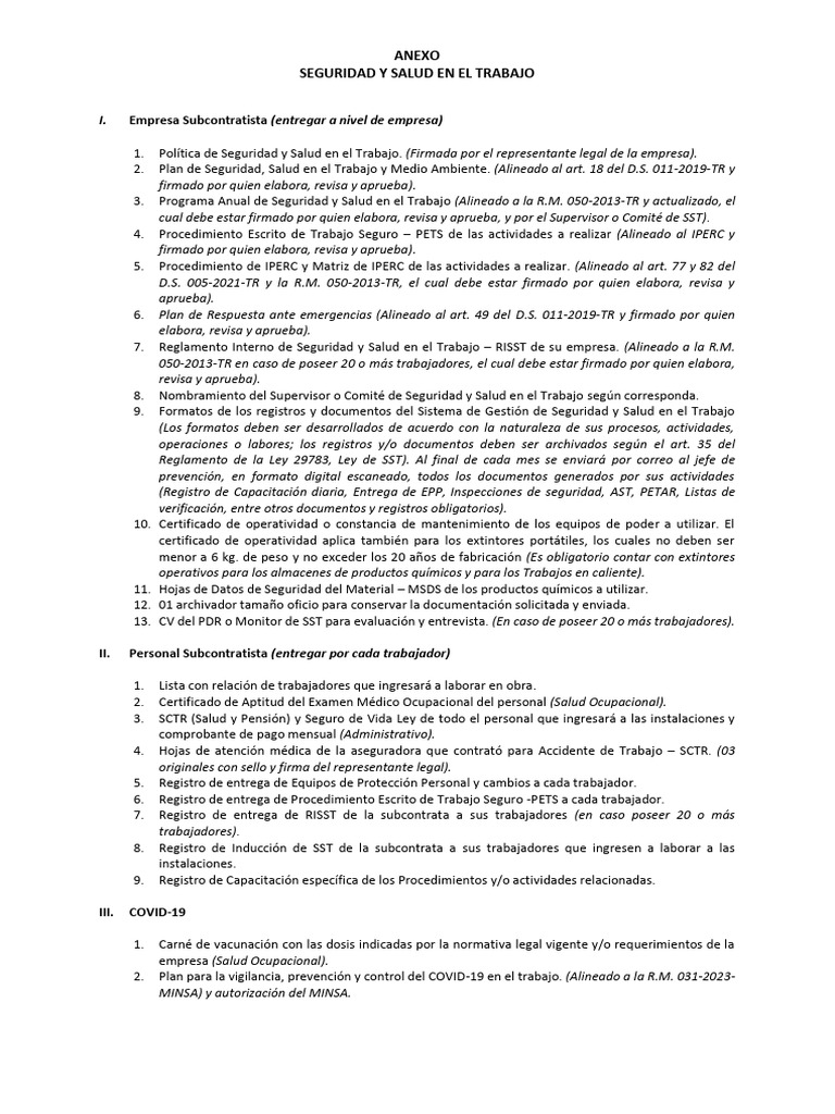 Anexo SST - Ingreso de Empresa Subcontratista | PDF