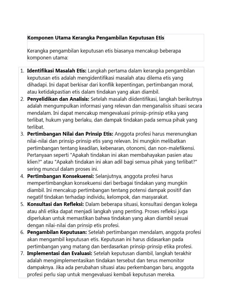 Komponen Utama Kerangka Pengambilan Keputusan Etis Pdf