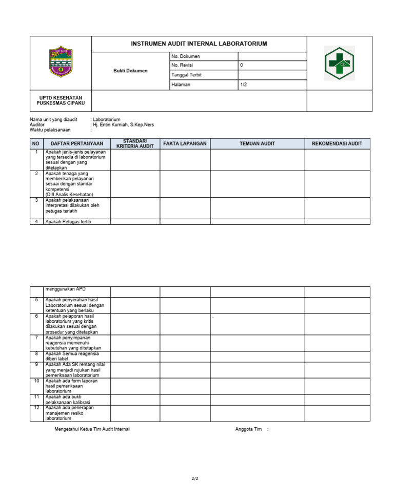 Audit Internal Lab Puskesmas | PDF
