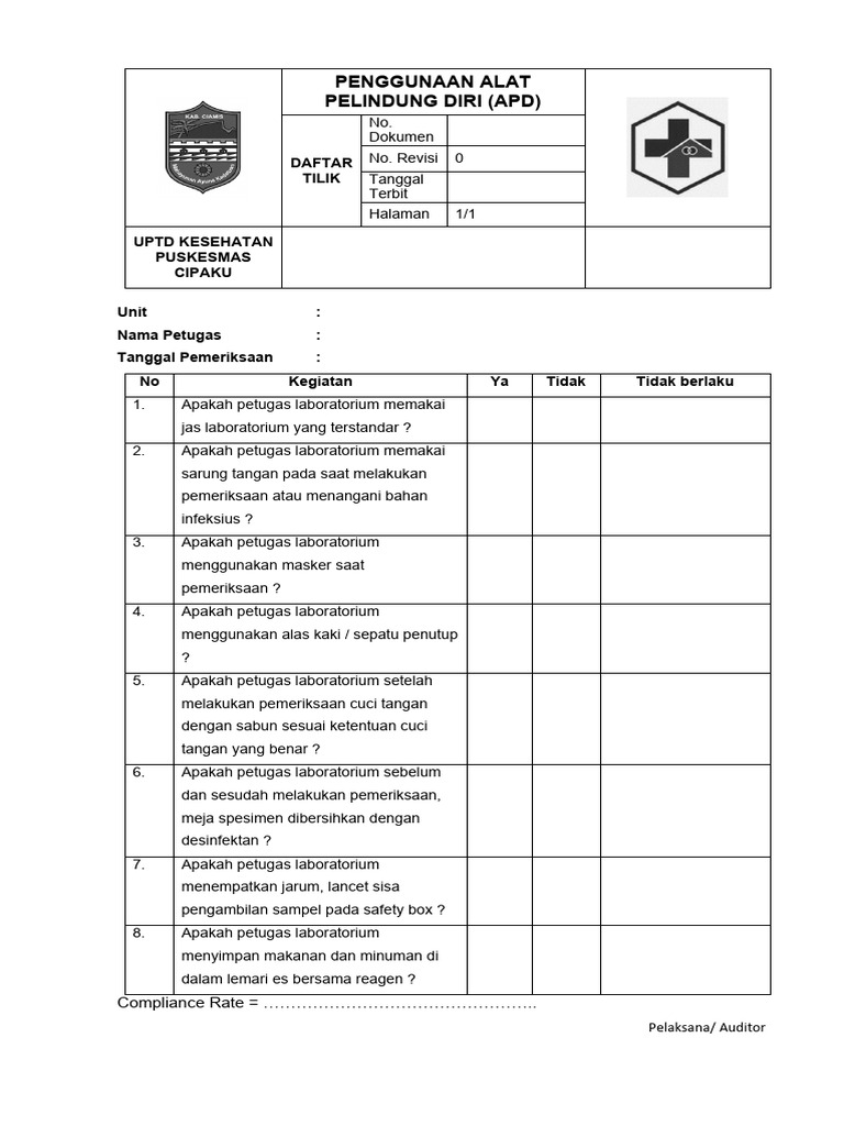 Checklist APD Laboratorium Puskesmas | PDF