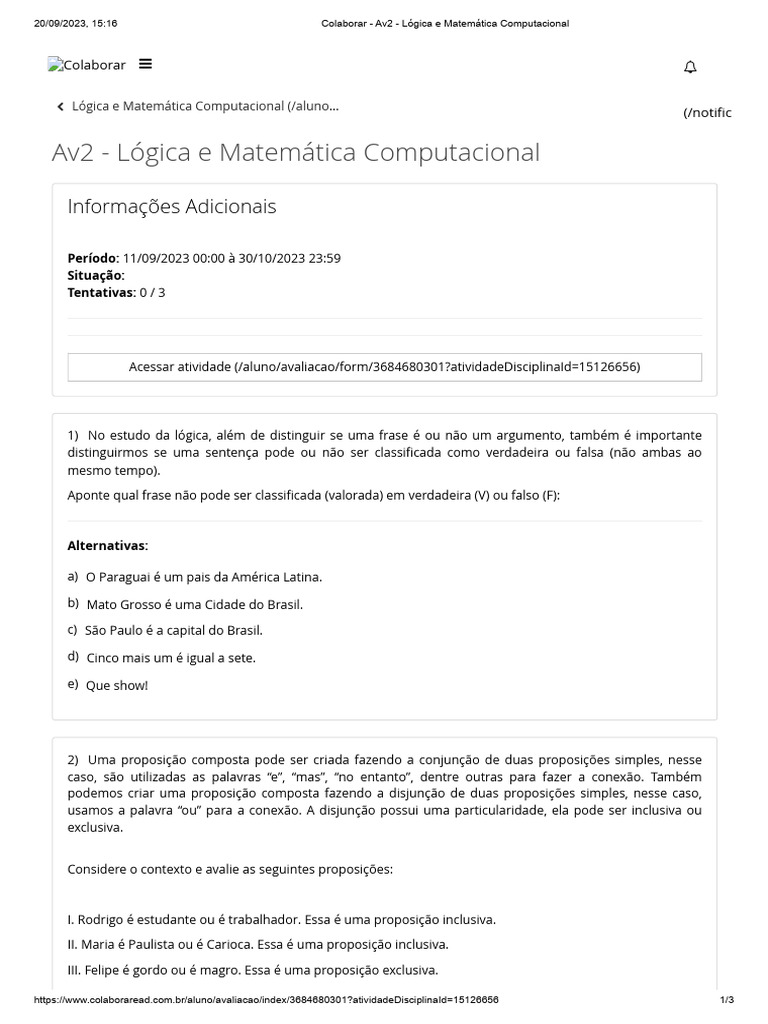 Colaborar - Av2 - Lógica e Matemática Computacional | PDF | Lógica matemática | Expressões lógicas
