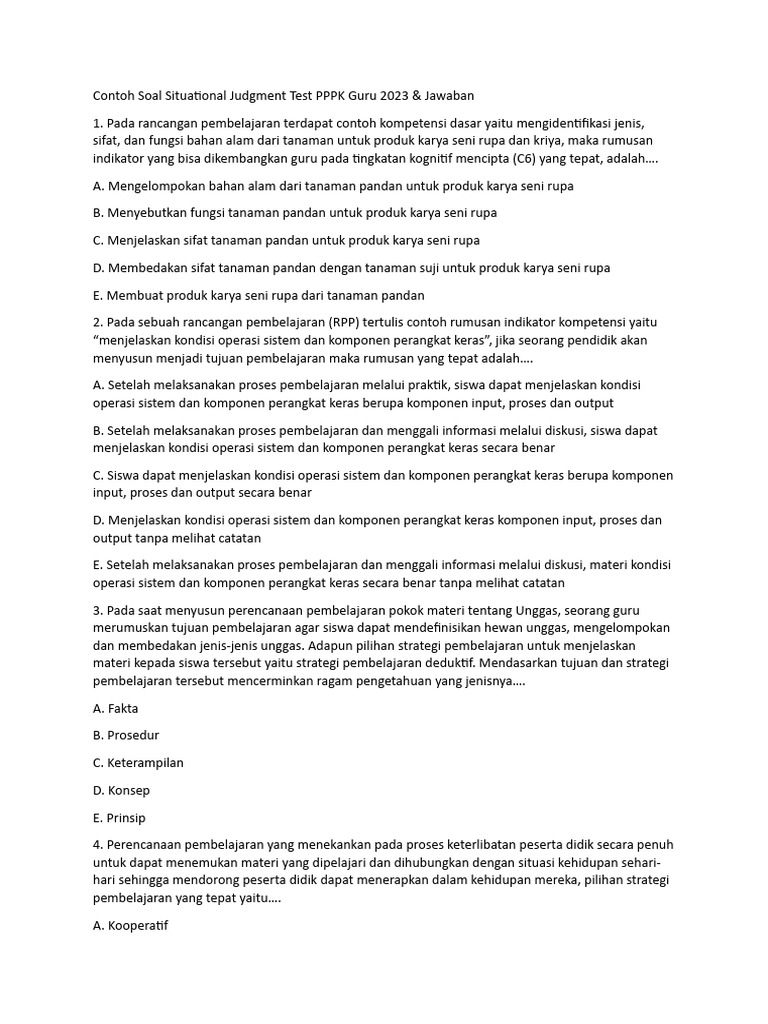 Contoh Soal Situational Judgment Test PPPK Guru 2023 | PDF