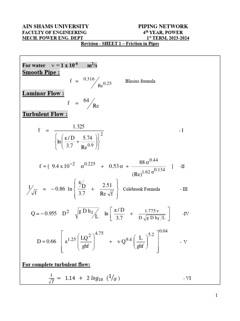 SHEET1 - Pipe Friction - 2023-2024 | PDF | Soft Matter | Gas Technologies