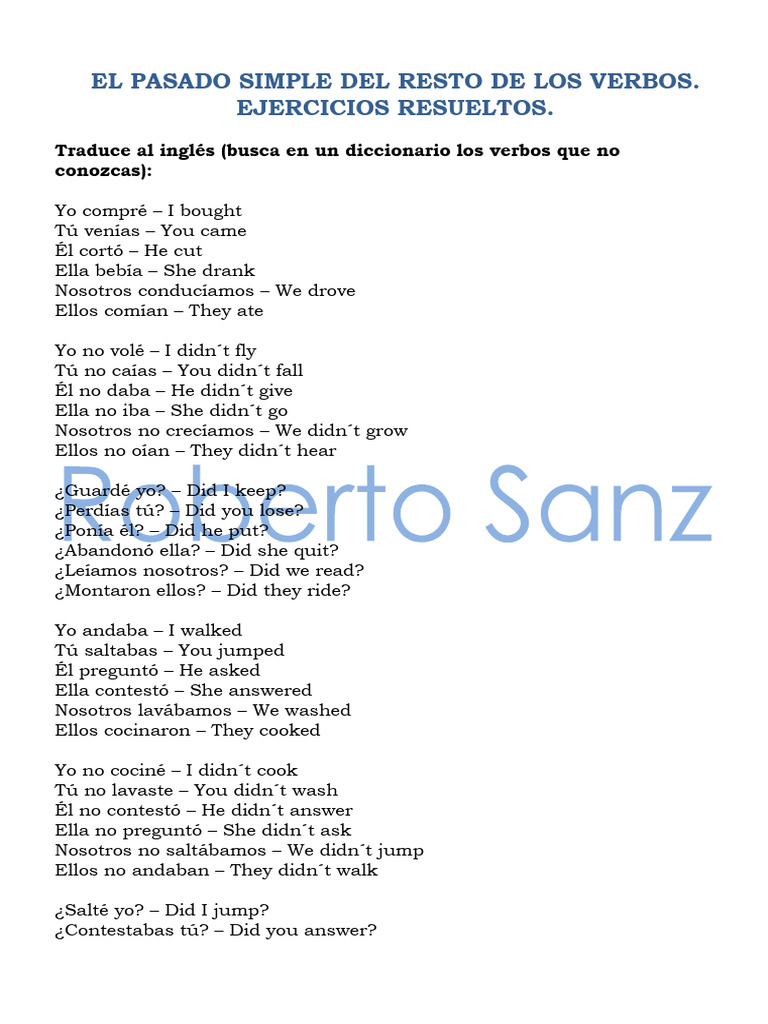 4.3 Clase 14. Ejercicios Resueltos. El Pasado Simple Del Resto de Los Verbos PDF | PDF