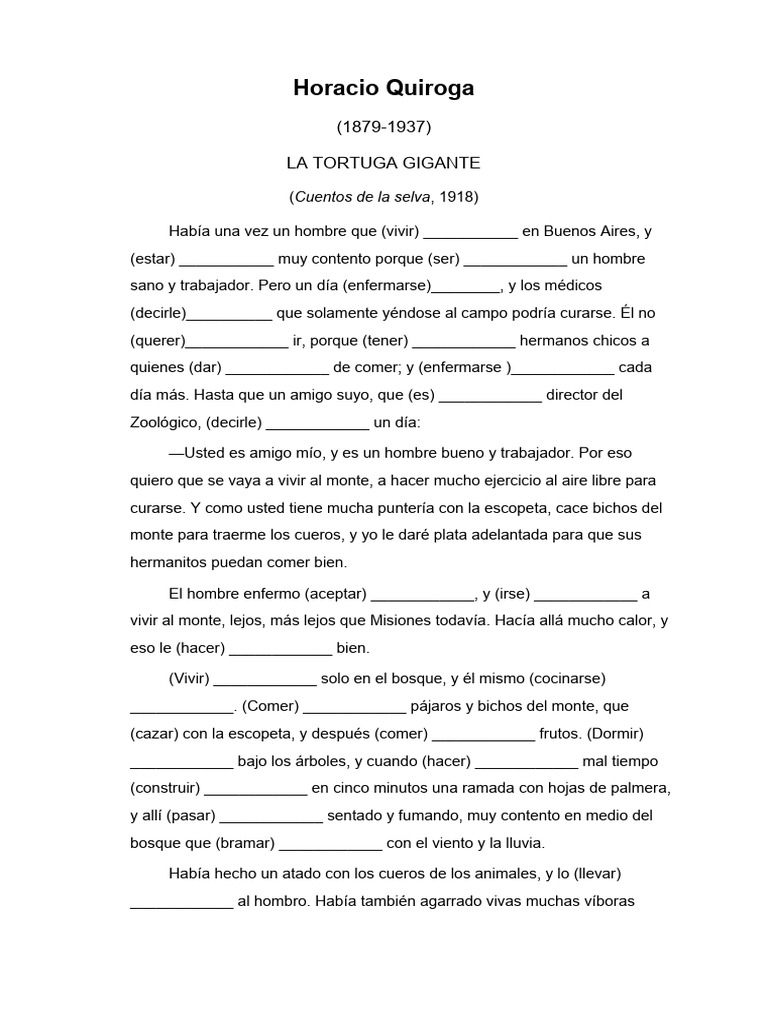 PARA COMPLETAR Horacio Quiroga - La Tortuga Gigante (Pretérito Perfecto ...