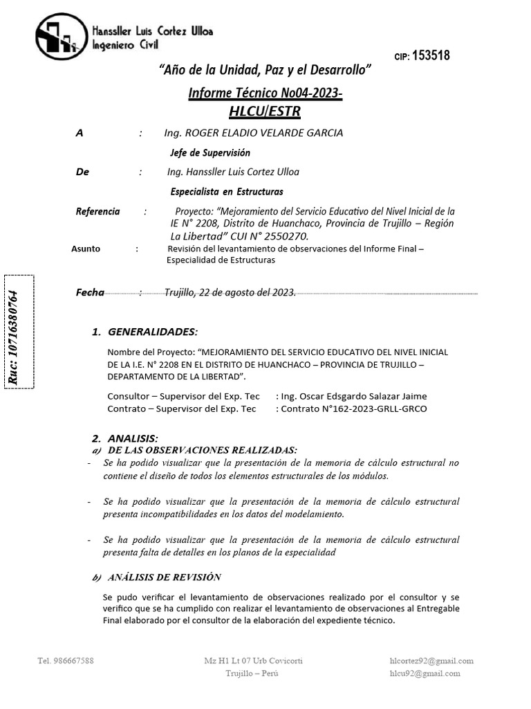 Informe 04 - Especialista en Estructuras | PDF