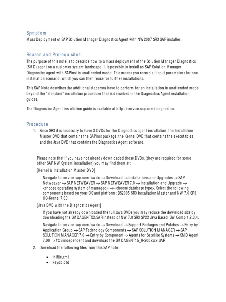 Mass Deployment of SAP Solution Manager Diagnostics Agent With NW2007 SR3 SAP Installer. | PDF ...
