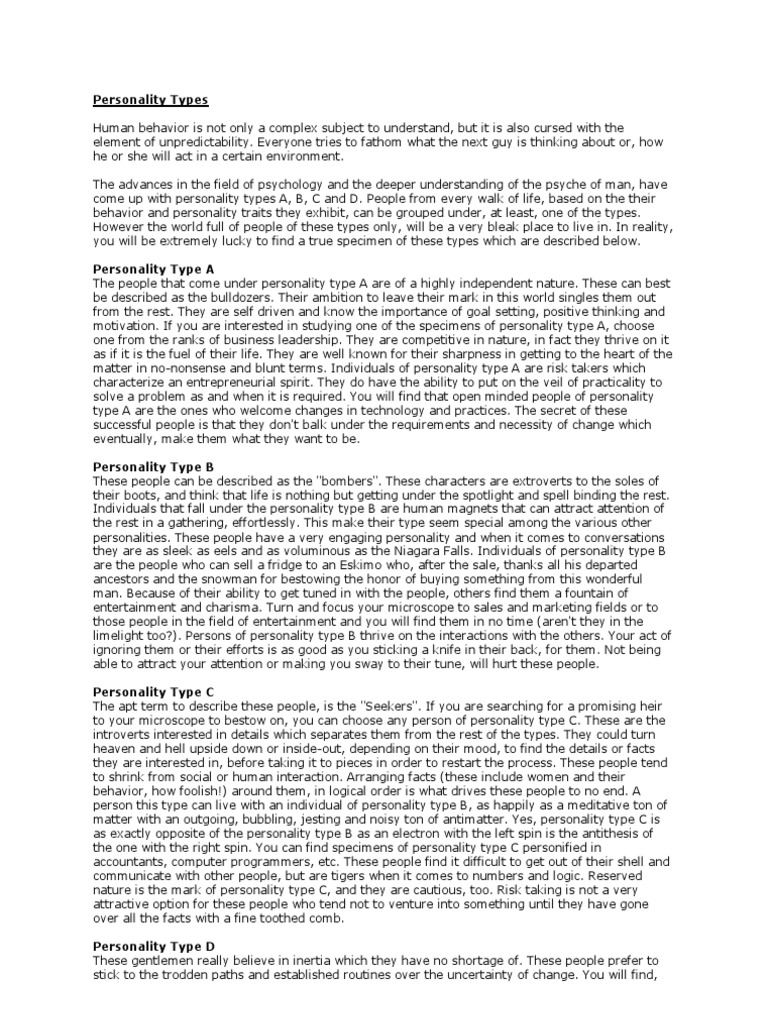 Understanding Human Personality: An Analysis of Four Main Personality ...