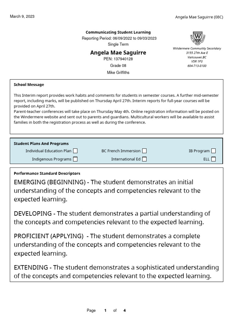 Report Cards - Multi Term | PDF | Behavior Modification | Cognition