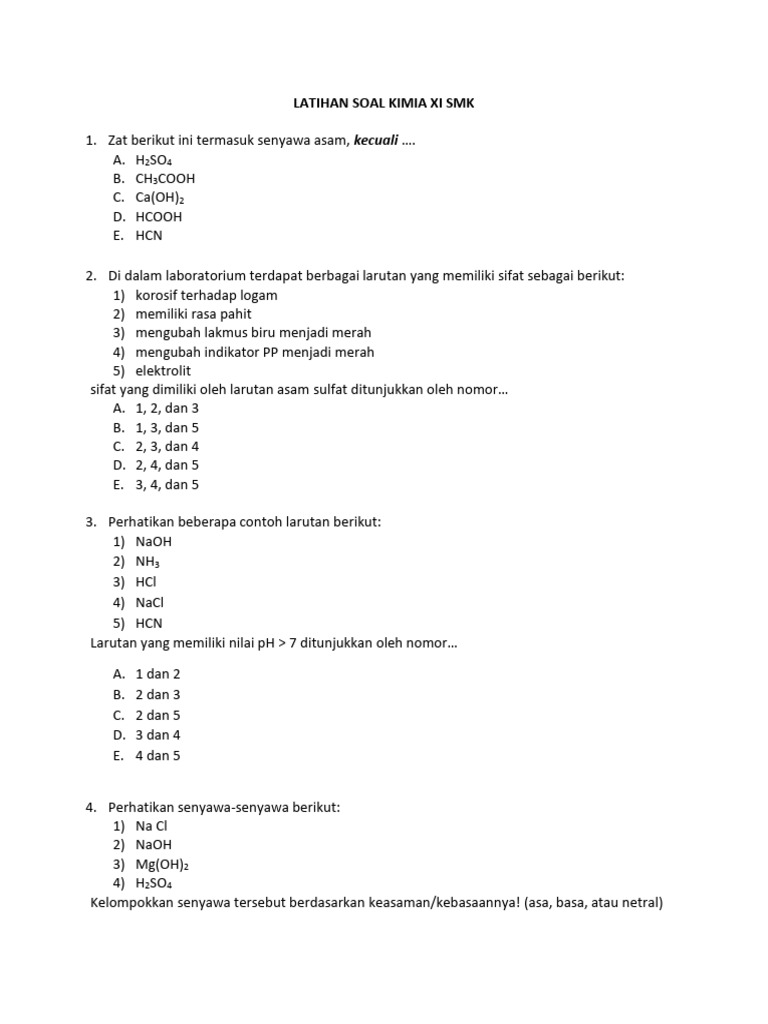 Latihan Soal Kimia Xi Smk | PDF