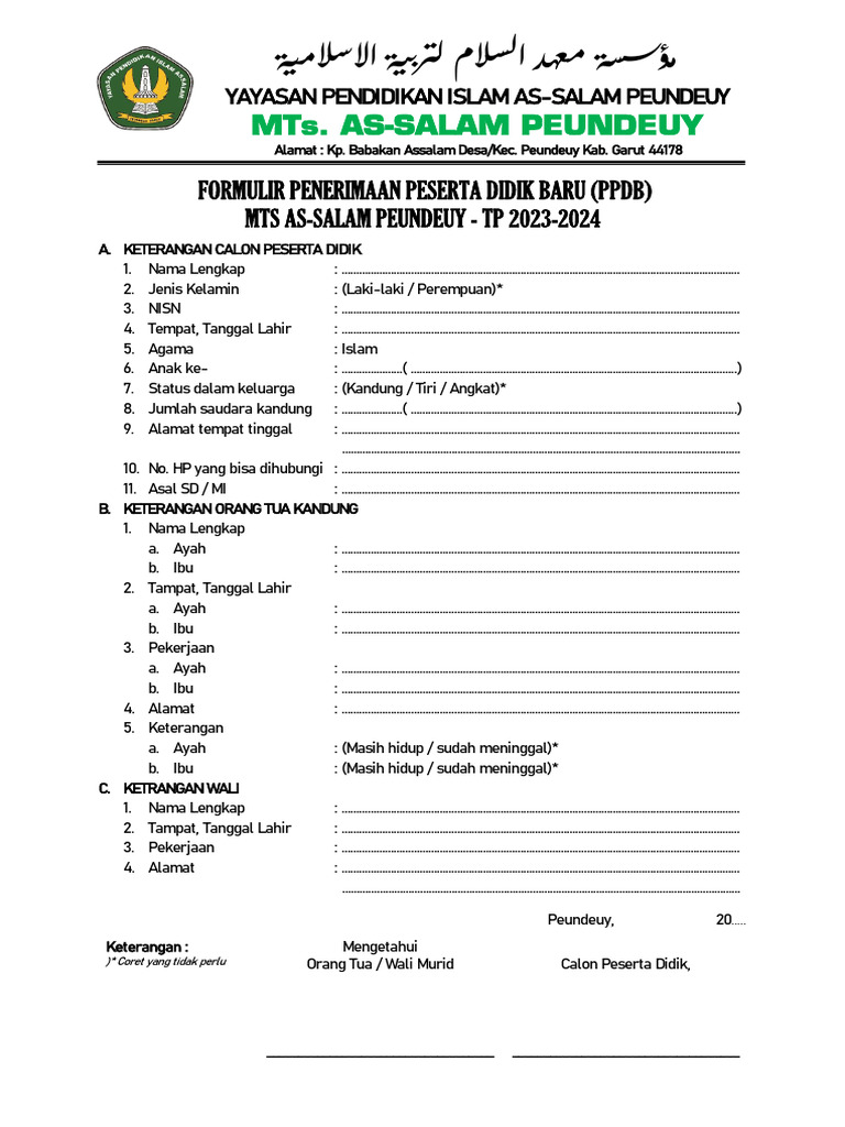 Formulir Pendaftaran Siswa Baru 2023 2024 | PDF