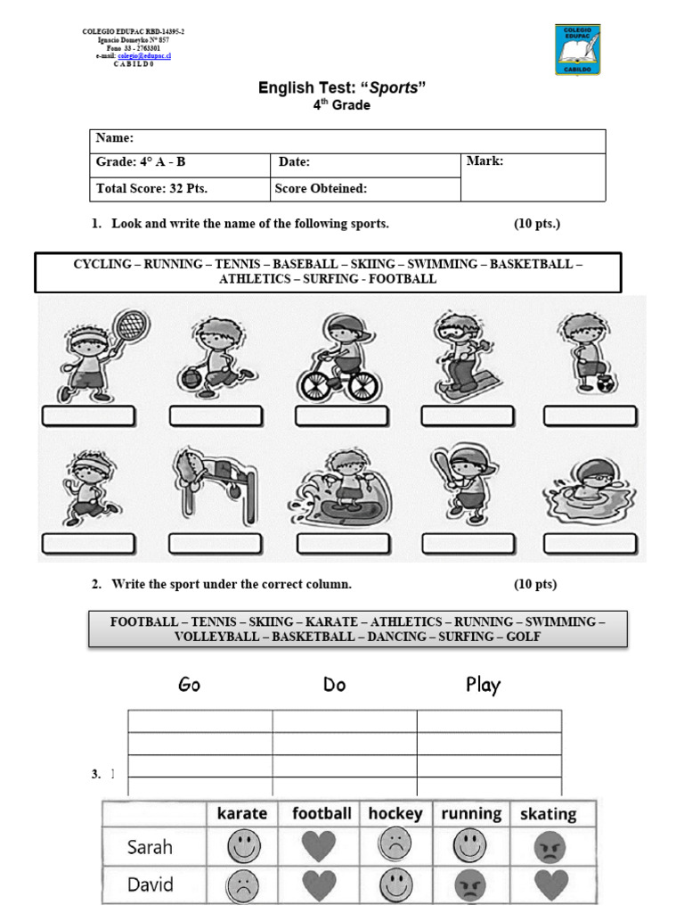4th Grade Sports English Test | PDF