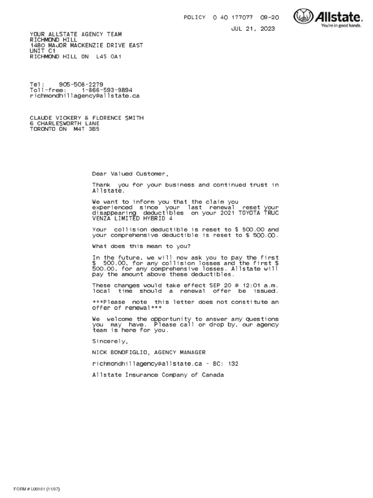 Allstate Deductible Reset Notice | PDF