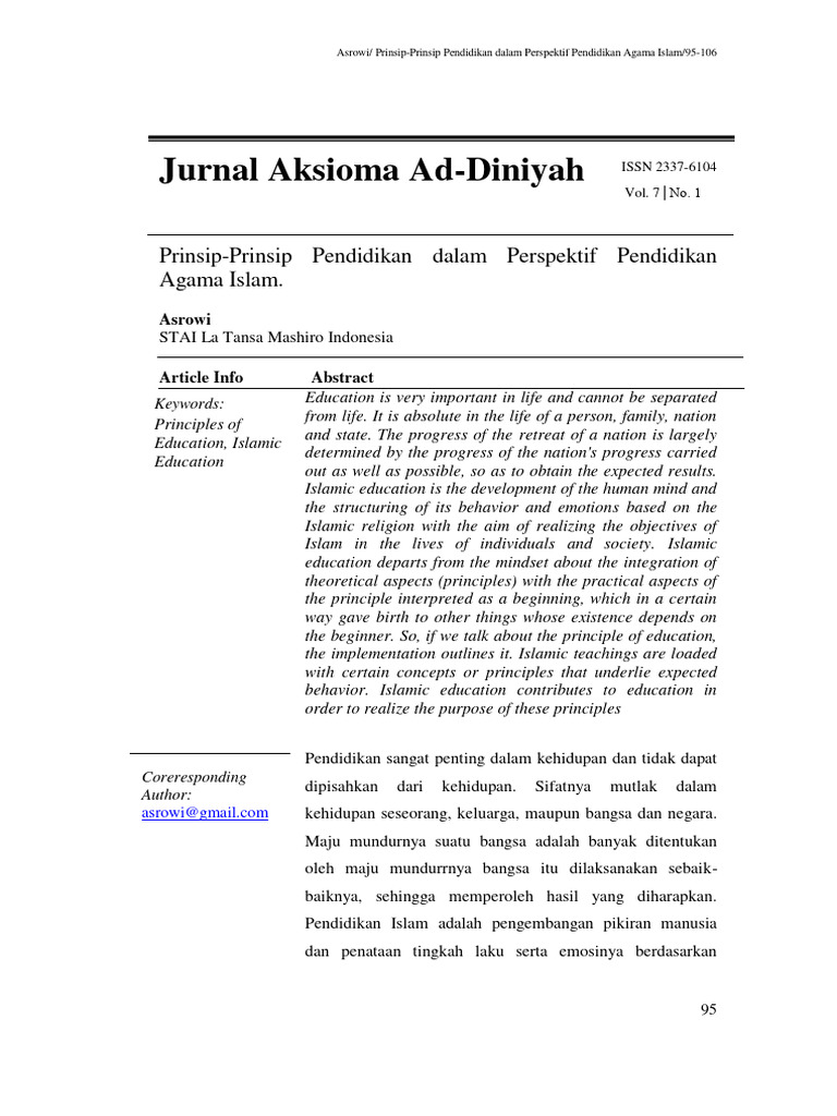 Prinsip-Prinsip Pendidikan Dalam Perspektif Pendidikan Agama Islam. | PDF