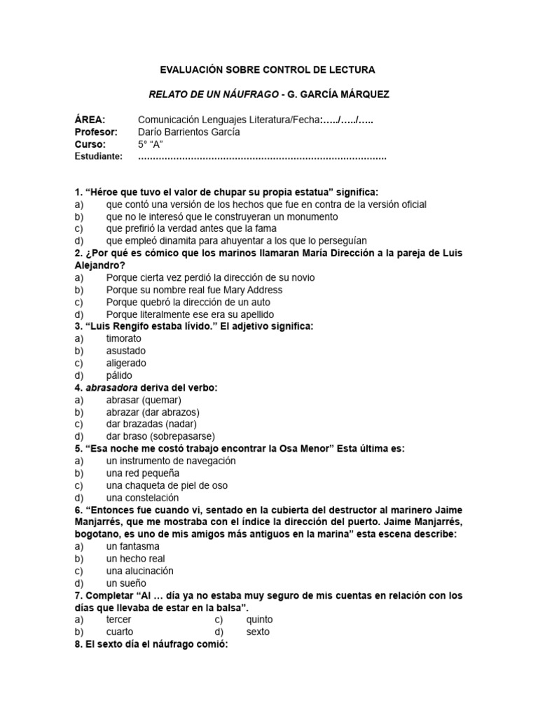 Evaluación de Lectura: Relato de un Náufrago | PDF