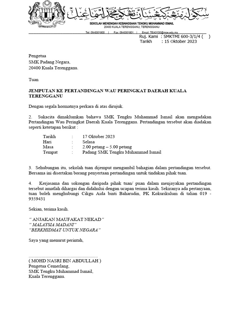 Surat Jemputan Pertandingan Wau 2023 | PDF