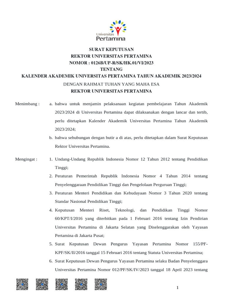 Kalender Akademik Universitas Pertamina 2023/2024 | PDF