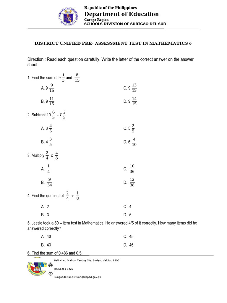 Pre Assessment Test Mathematics 6 | PDF | Geometry | Metrology