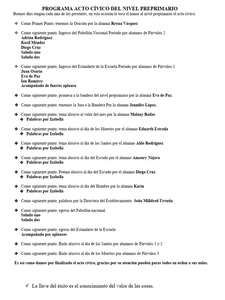 Programa Acto Cívico Del Nivel Preprimario | PDF