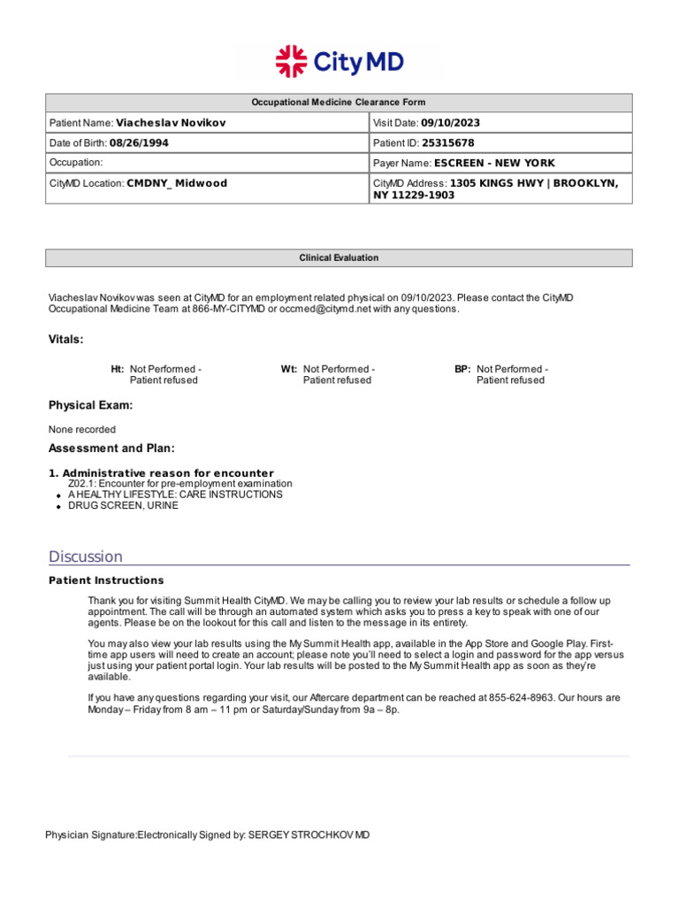 CityMD Occupational Medicine Clearance Form | PDF