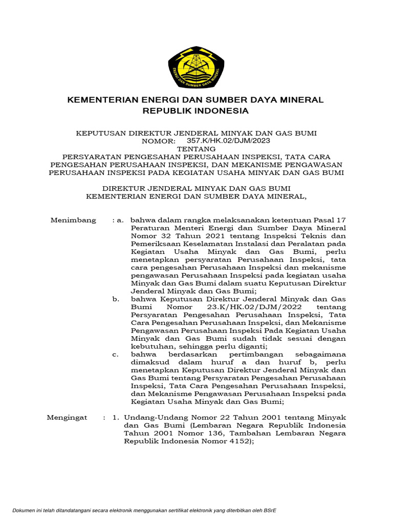 Kepdirjen Migas No. 357.KHK.02DJM2023 Tentang Persyaratan Pengesahan, Tata Cara Pengesahan Dan ...
