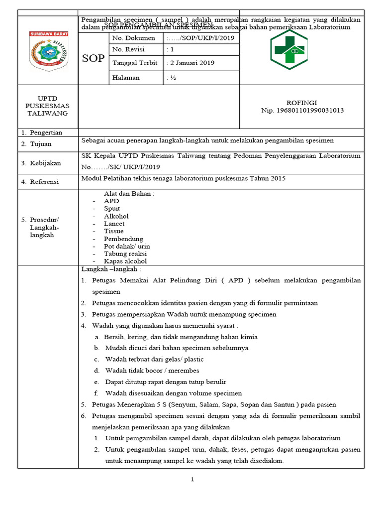 Sop Pengambilan Spesimen | PDF