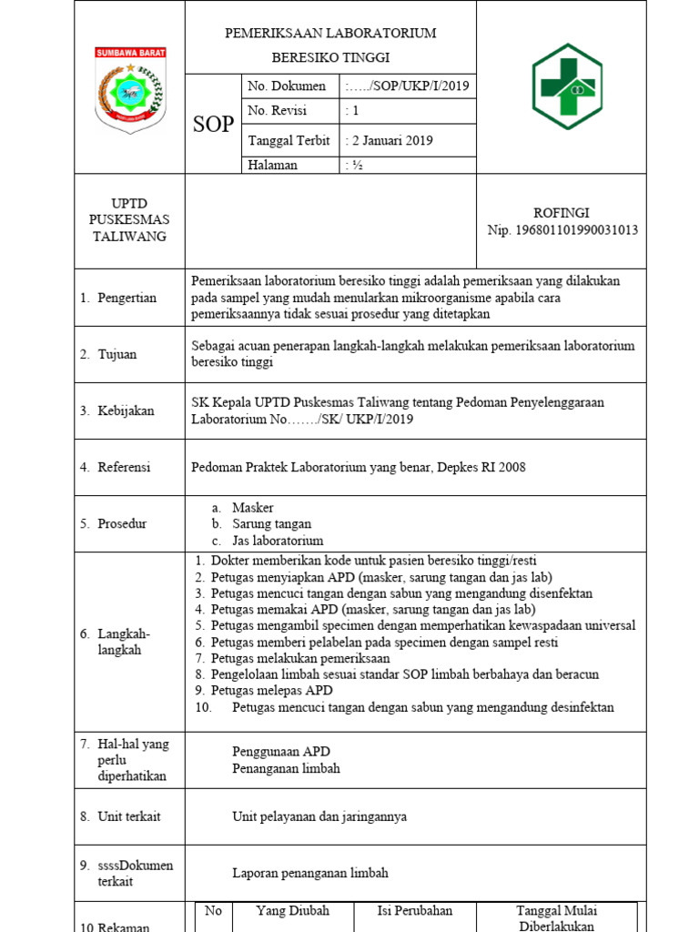 Sop Pemeriksaan Lab Yang Beresiko Tinggi | PDF