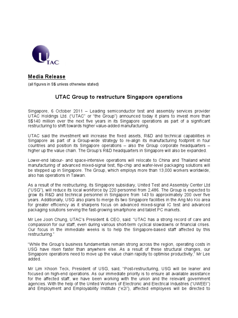 UTAC Holdings LTD - UTAC Group To Restructure Singapore Operations ...