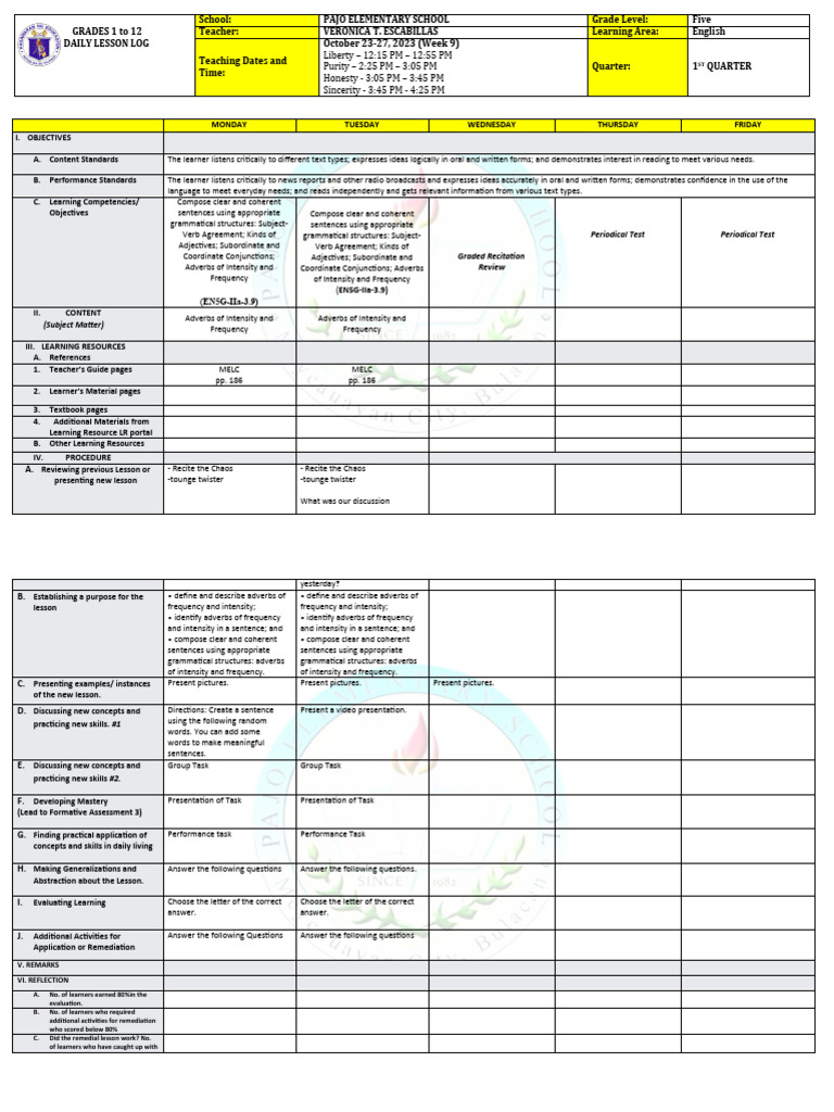 DLL English W9 | PDF | Adverb | Learning