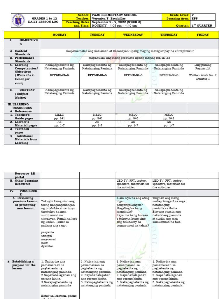 DLL - Epp W3 Q1 | PDF