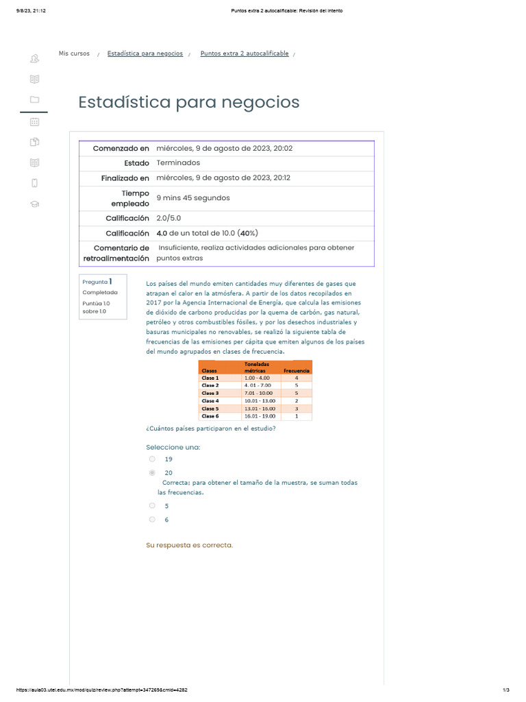 Puntos Extra 2 Autocalificable - Revisión Del Intento Estadistica para Los Negocios | Descargar ...