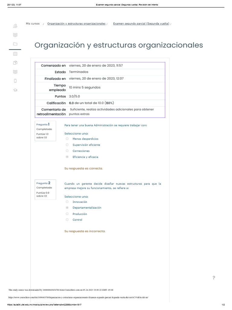 Organizacion y Estructuras Organizacionales Examen Segundo Parcial Segunda Vuelta Revisi N Del ...