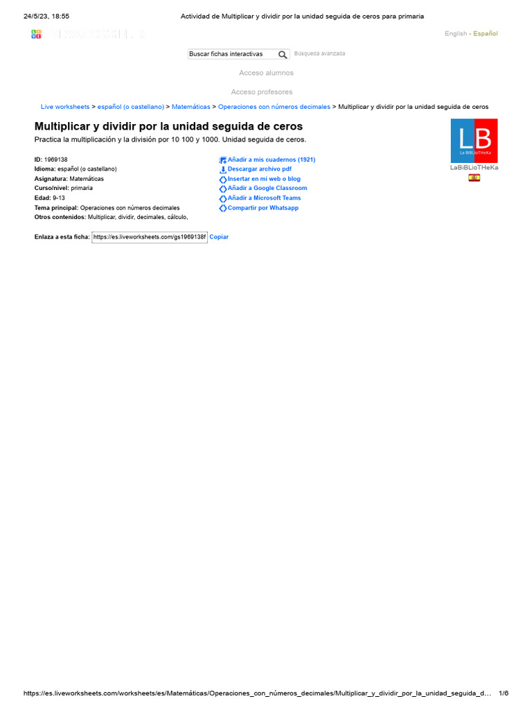 Actividad de Multiplicar y Dividir Por La Unidad Seguida de Ceros para ...