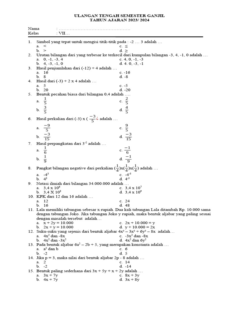 Uts Mat Kelas 7 | PDF | Teaching Methods & Materials