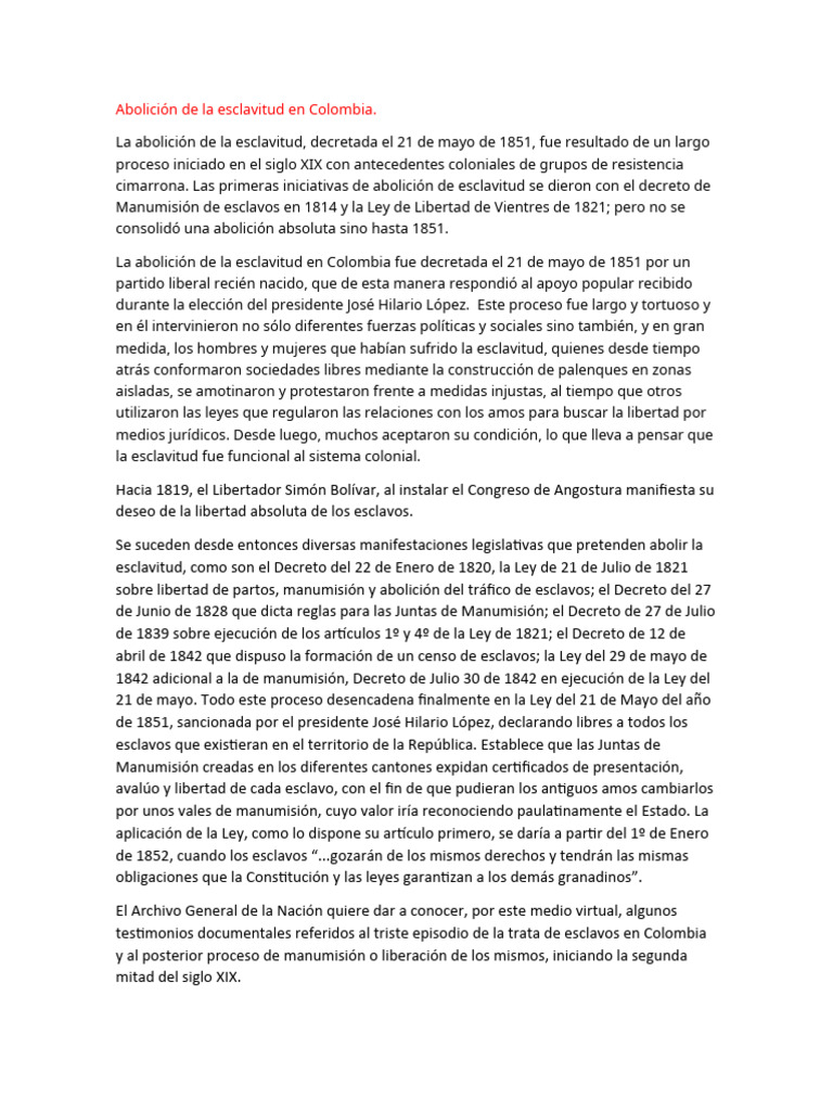 Abolición de La Esclavitud en Colombia | PDF | Esclavitud | Abolicionismo