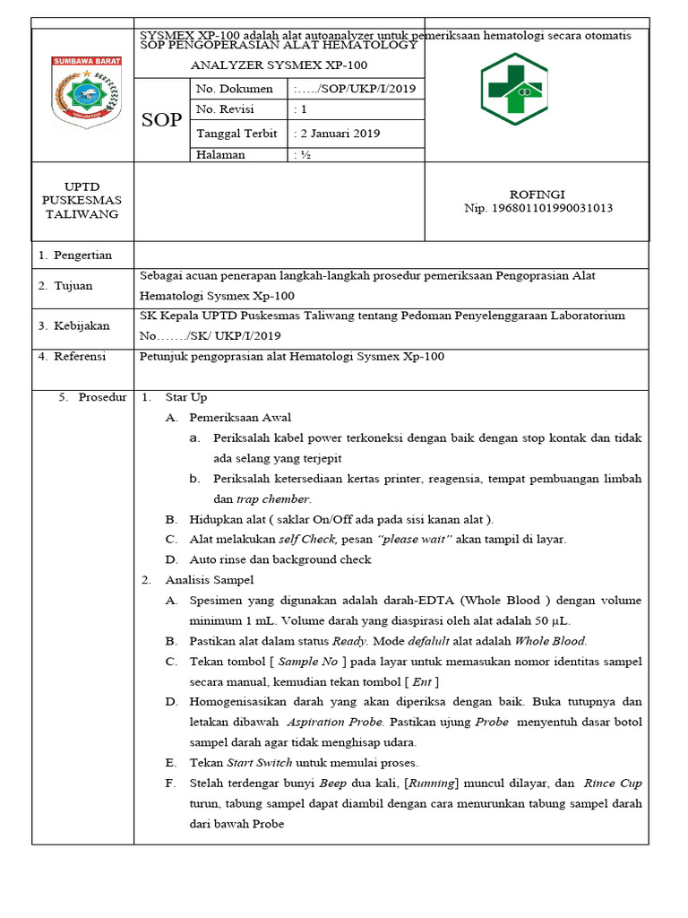 Sop Alat Sysmex | PDF