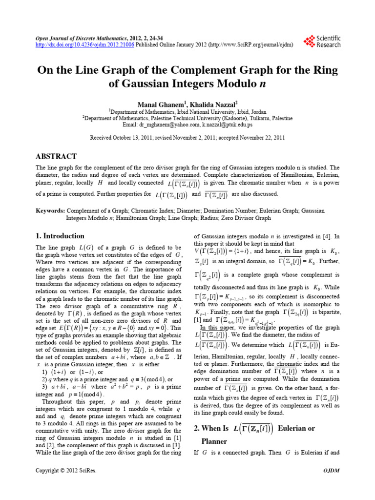 On The Line Graph Of The Complement Graph For The Ring Of Gaussian Integers Modulo N Pdf