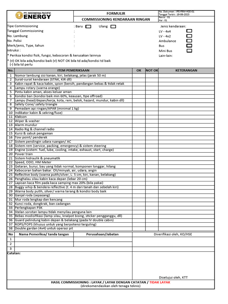 IPE-FRM-HSE-01 Checklist LV Kendaraan | PDF