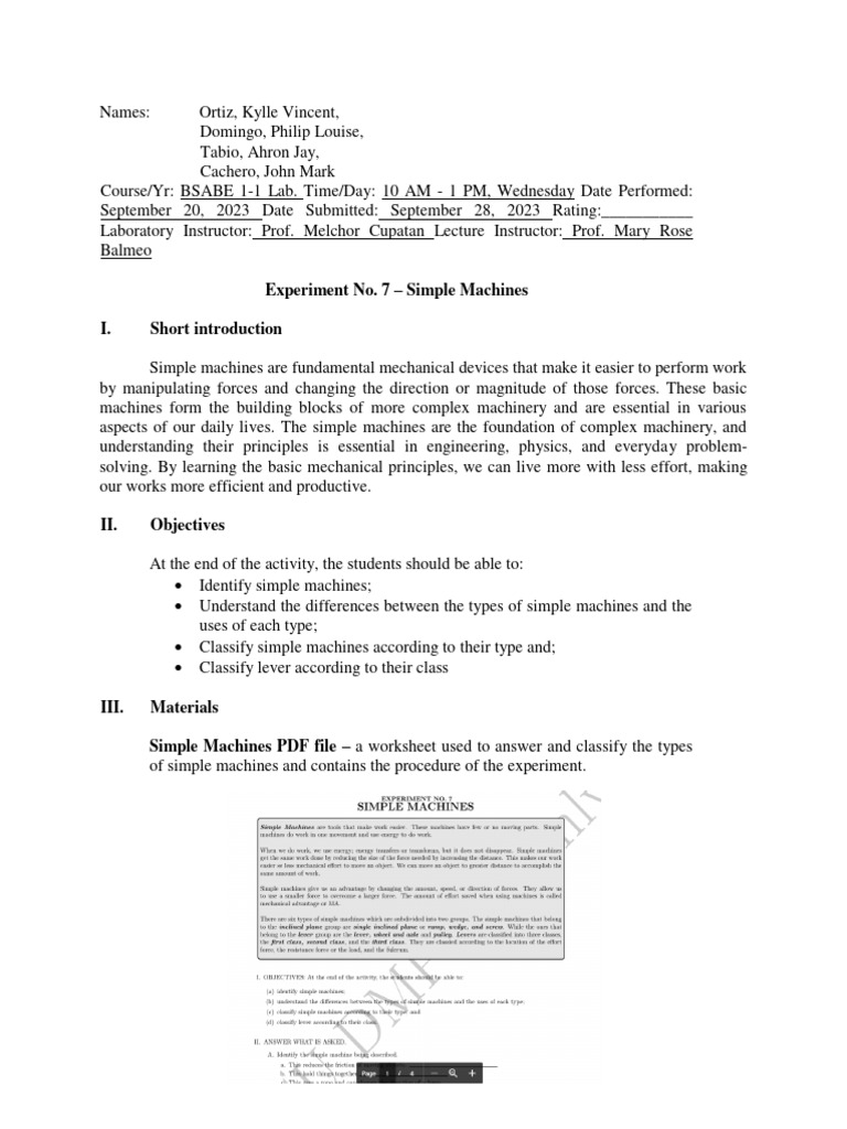 Simple Machines Lab Report | PDF | Machines | Lever