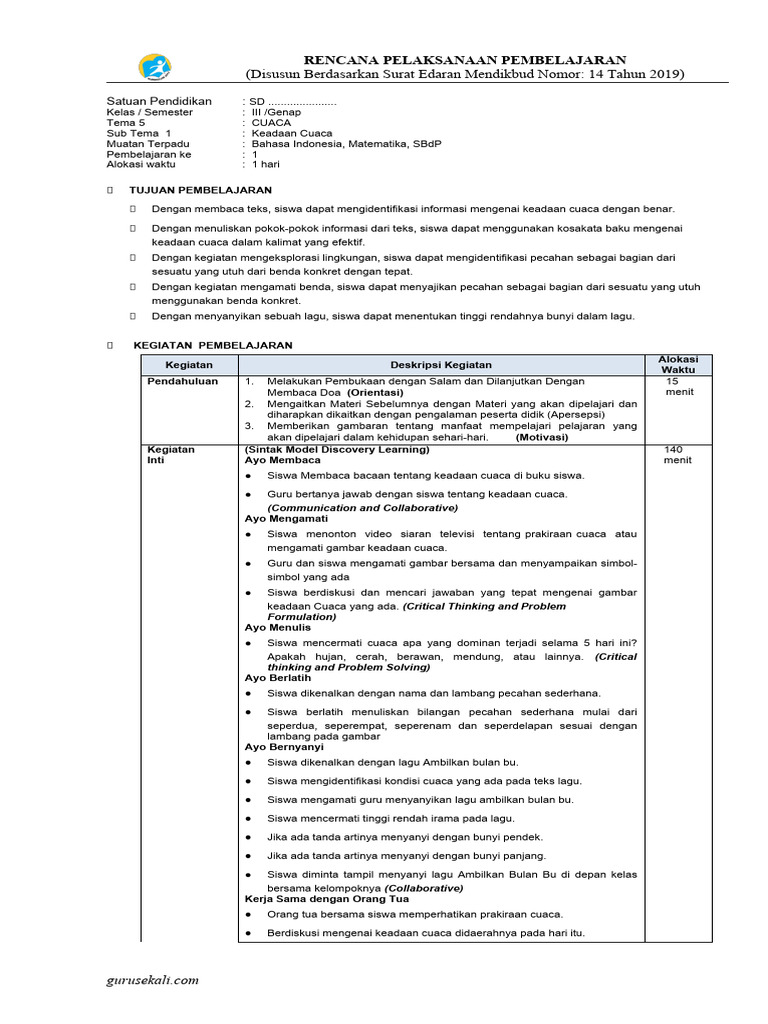 RPP 1 Lembar Kelas 3 Tema 5 | PDF | Karier & Perkembangan | Seni & Disiplin Bahasa
