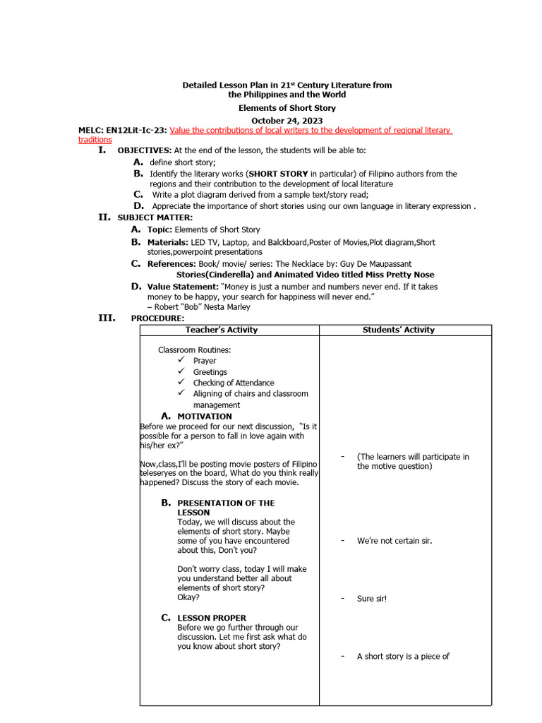 Detailed Lesson Plan COT1 - 21st LIt - Elemnts of Short Story - Ea ...