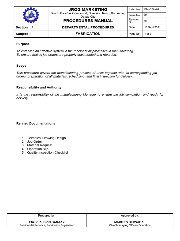 Procedure Manual Fabrication Process | PDF | Business Process | Business